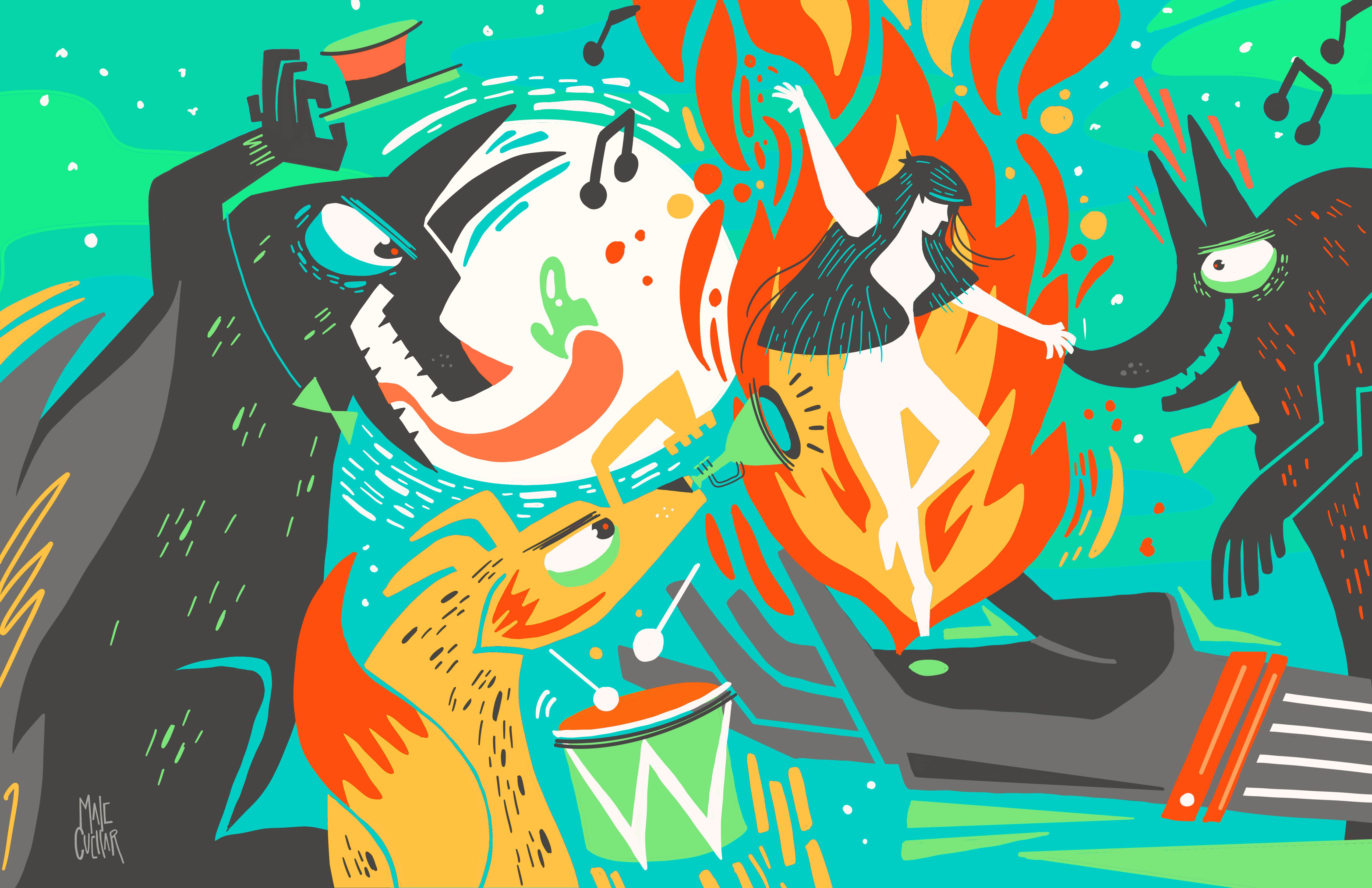 Night of the Dancing Flame: Ilustración vectorial con sello surrealista ...