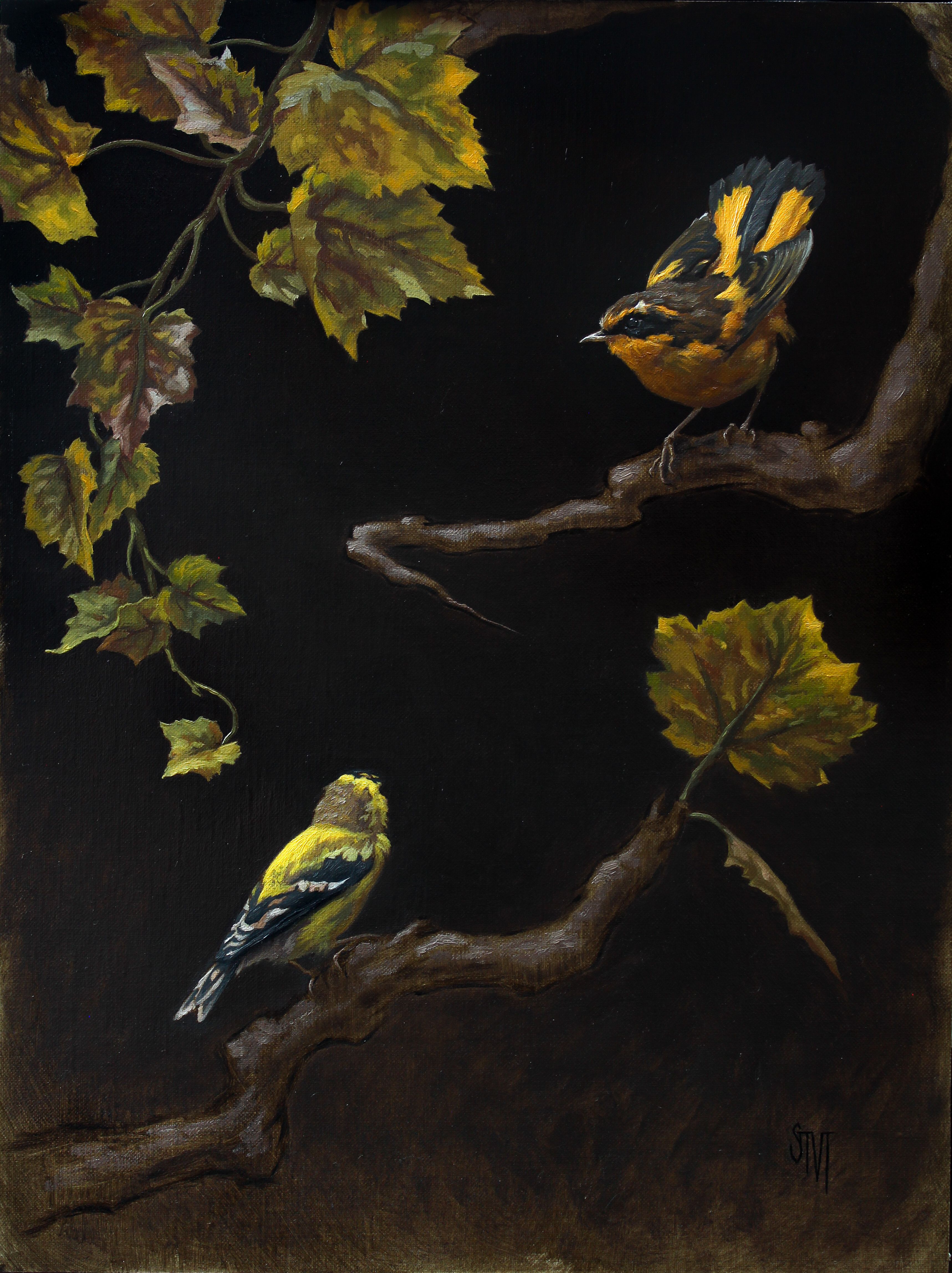 Goldfinch, Robin and Autumn Leaves | Domestika