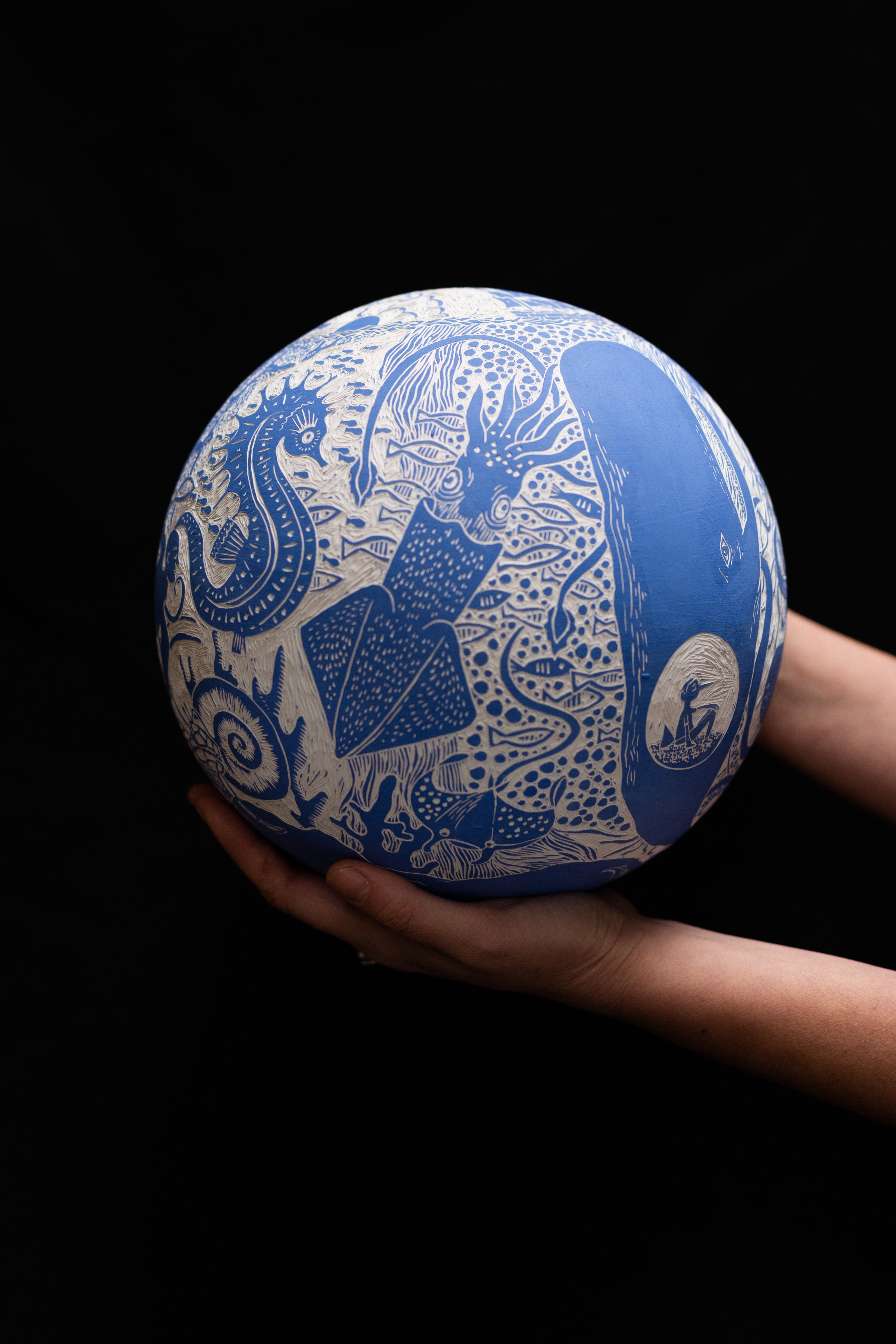 "Blue Sphere": porcelain sphere decorated with blue slip and sgraffito ...