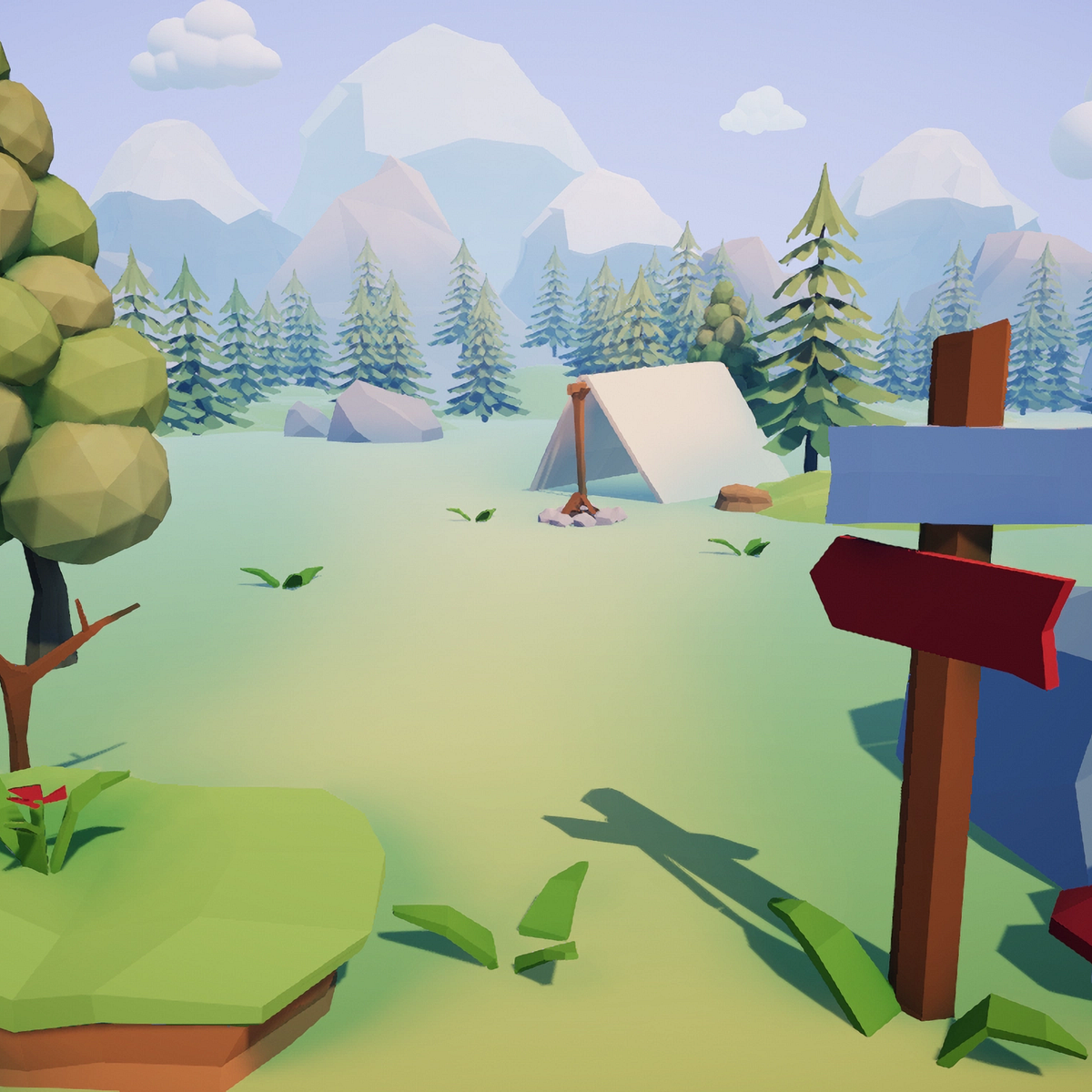 bright, low-poly forest campsite scene in Unity | Domestika