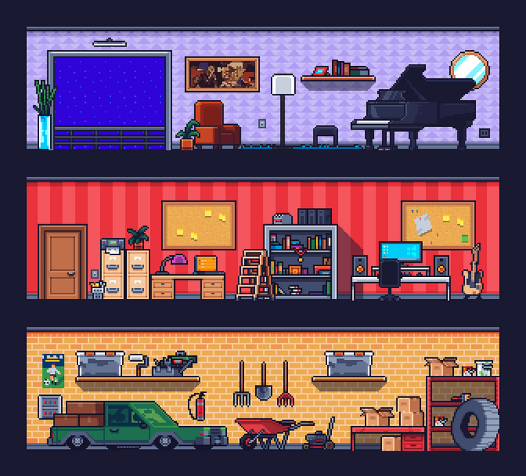 Conjunto de mosaicos de Pixel Art: Interiores de casas | Domestika