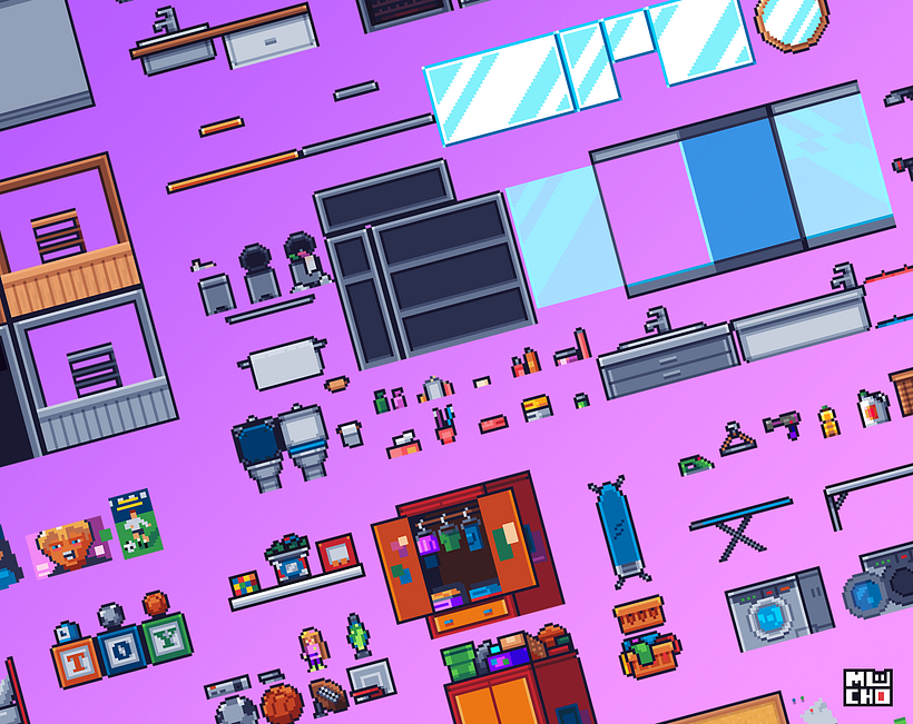 Conjunto de mosaicos de Pixel Art: Interiores de casas | Domestika