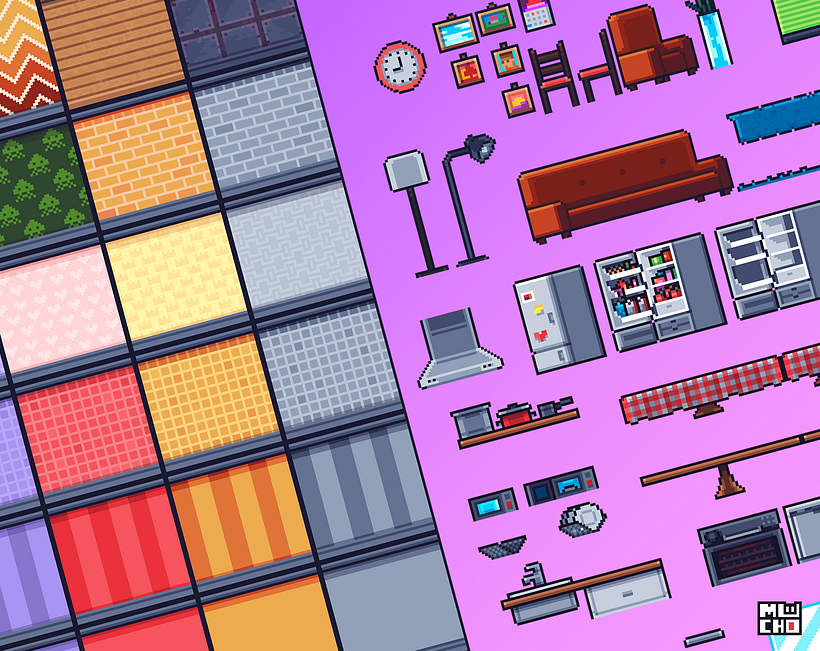 Conjunto de mosaicos de Pixel Art: Interiores de casas | Domestika